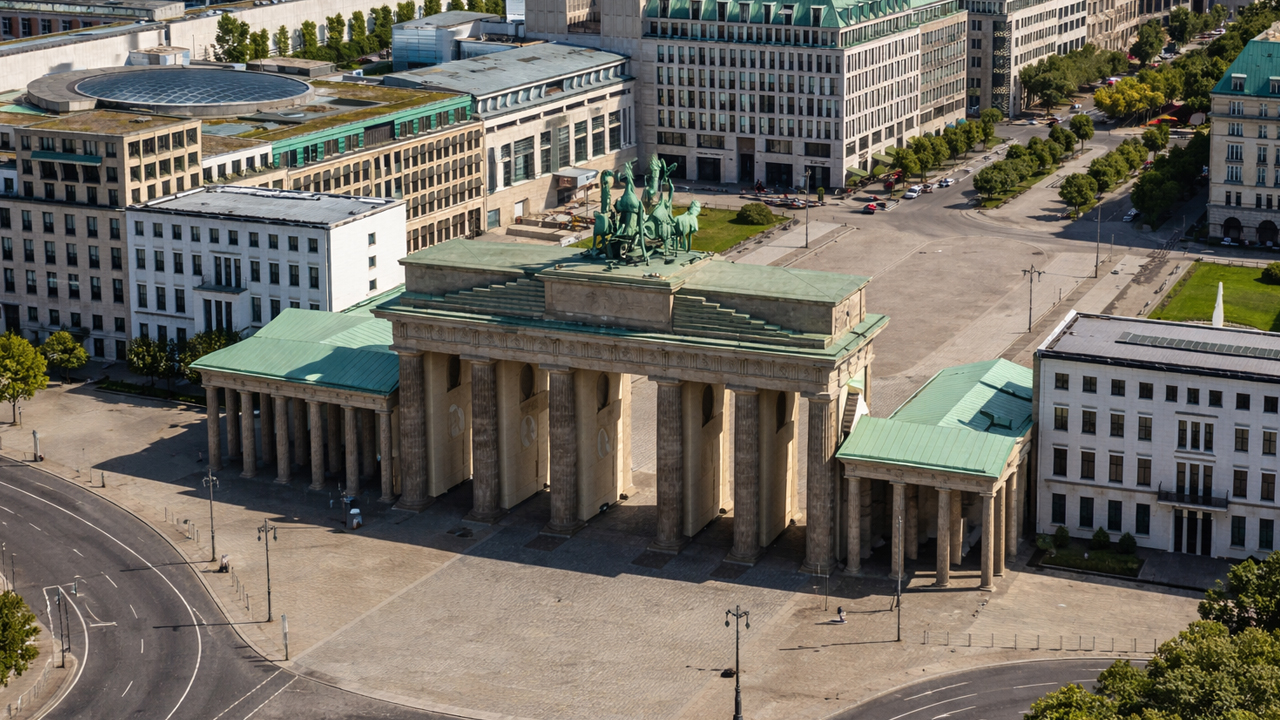 Brandenburg Gate aerial view in Berlin