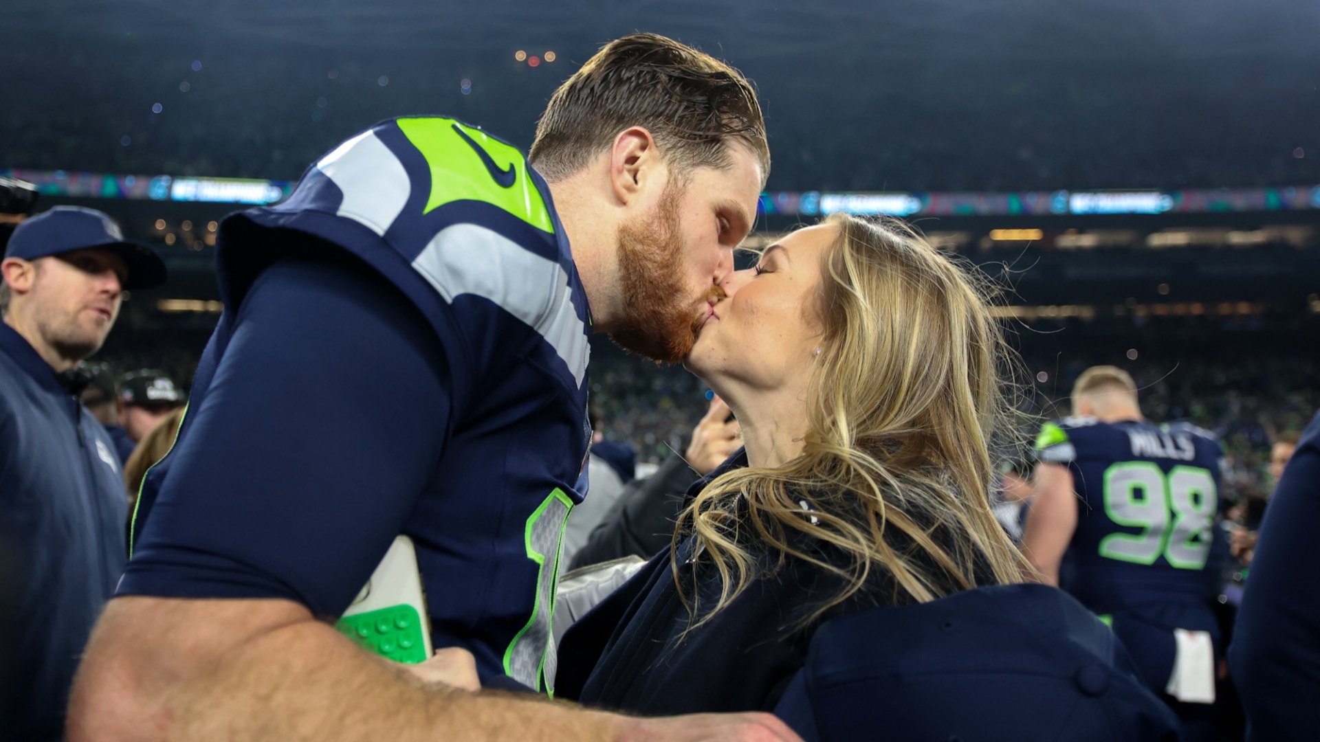 Sam Darnold and fiancee celebrate Seahawks' victory with sweet kiss