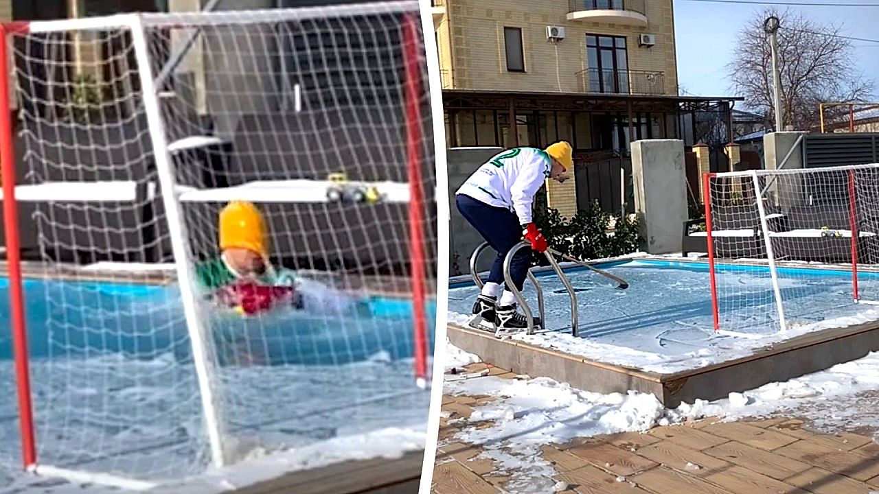 Playing hockey on a frozen swimming pool goes wrong