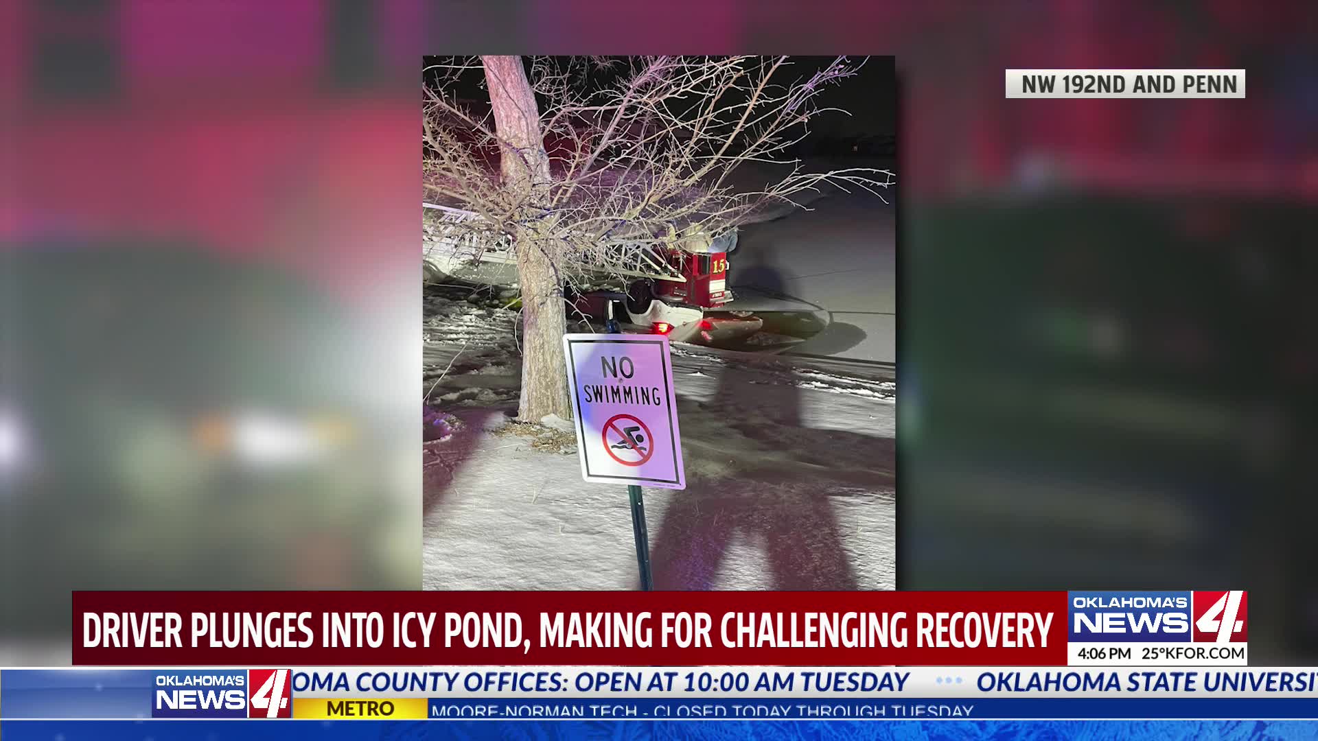 Driver plunges into icy pond, making for challenging recovery