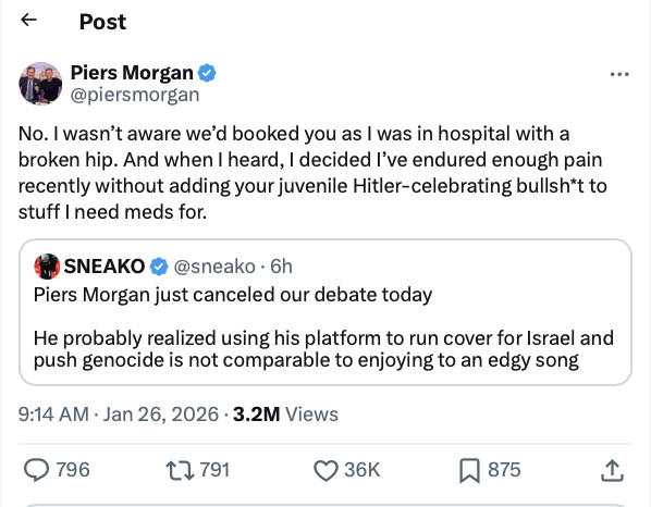 Piers Morgan slams 'Hitler-celebrating' Sneako, cancels debate
