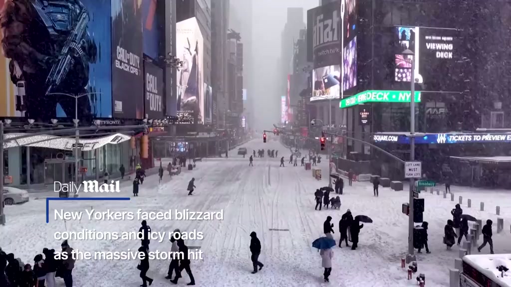 Aerial view of NYC covered in snow after major winter storm