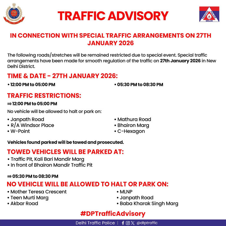 Delhi traffic advisory: Key roads restricted on Jan 27 due to special event