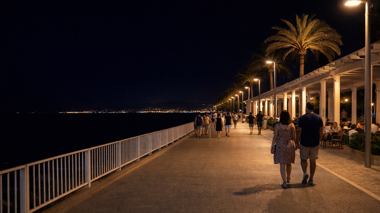Um passeio elegante à beira-mar em Nice à noite