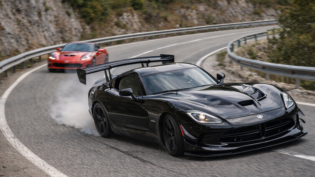 Dodge Viper chases Corvette on mountain roads