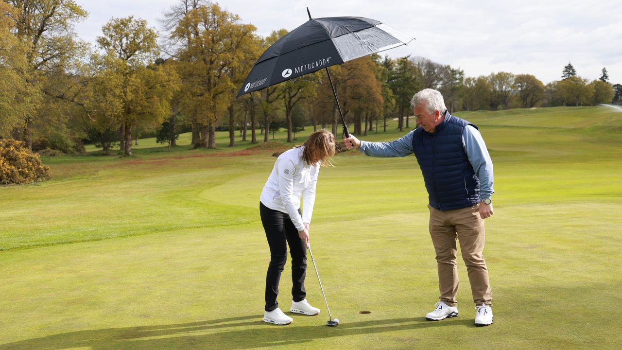 Can a playing partner shield you with an umbrella while you putt?