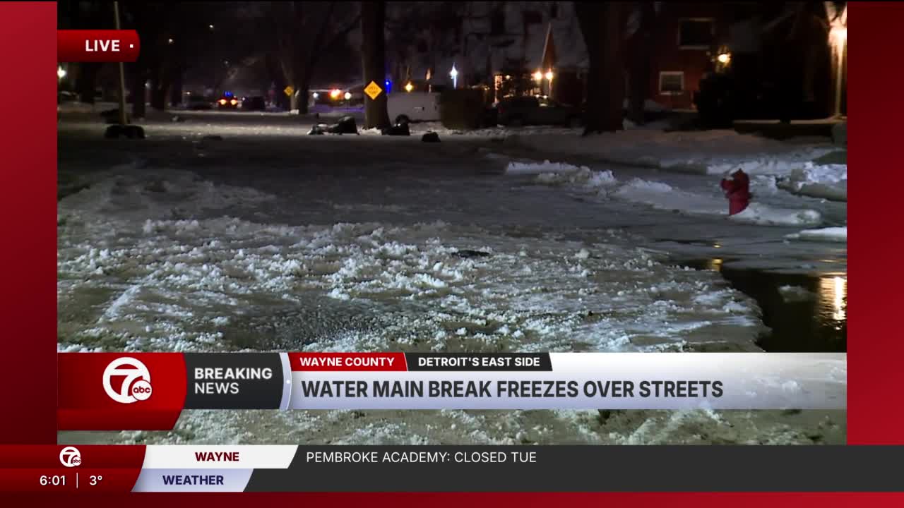 Two water main breaks freeze over streets on Detroit's east side