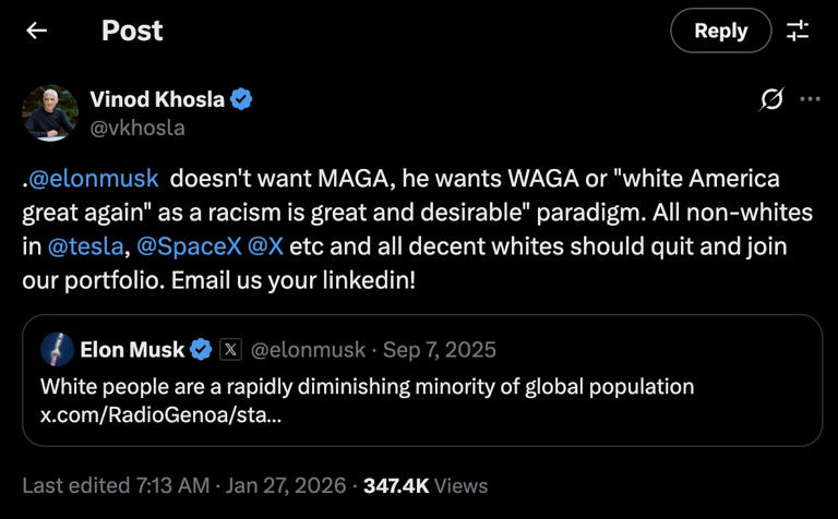 Vinod Khosla calls Elon Musk racist, urges Tesla and SpaceX employees ...