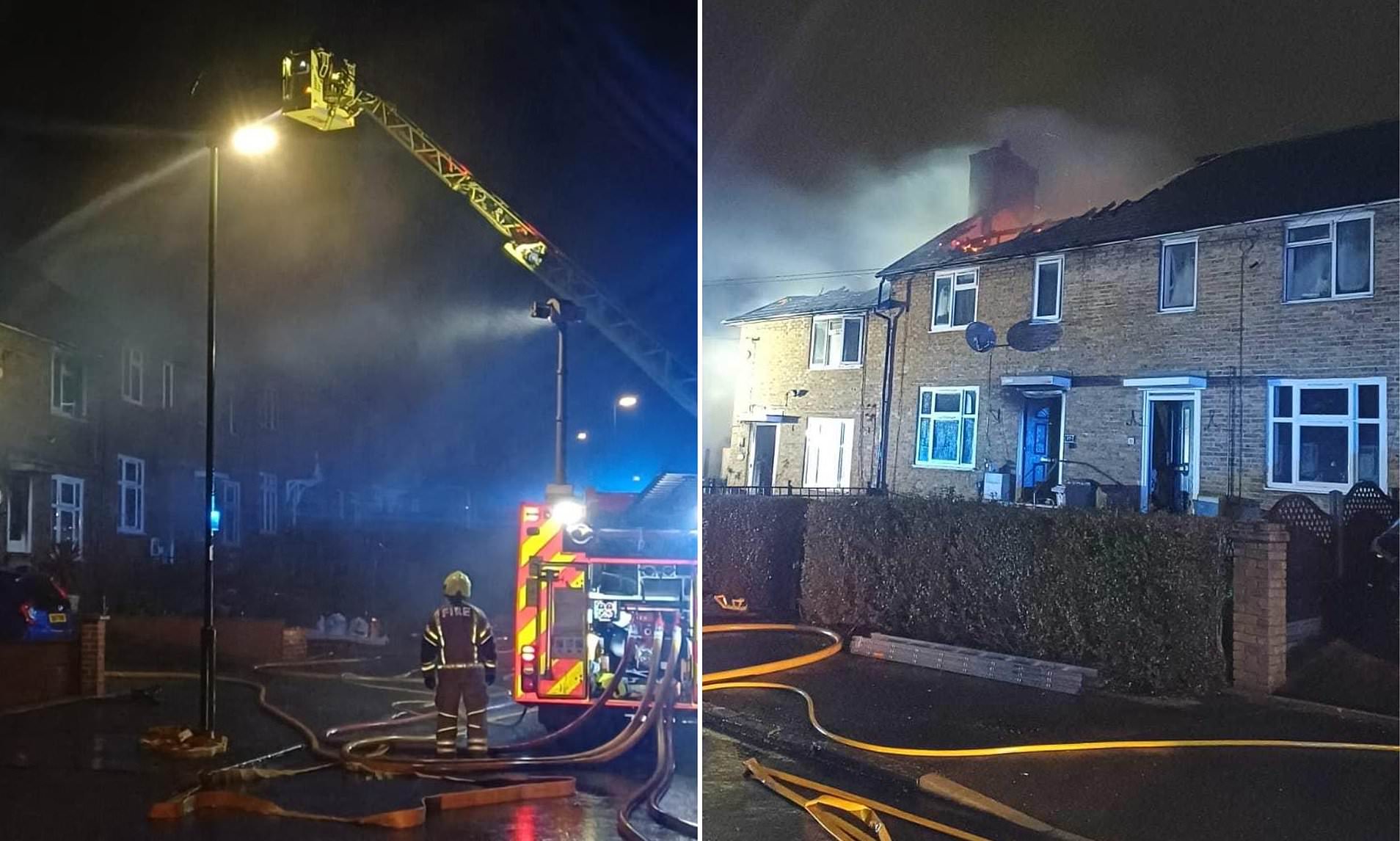 Boy and two adults rushed to hospital after house fire as roof collapses