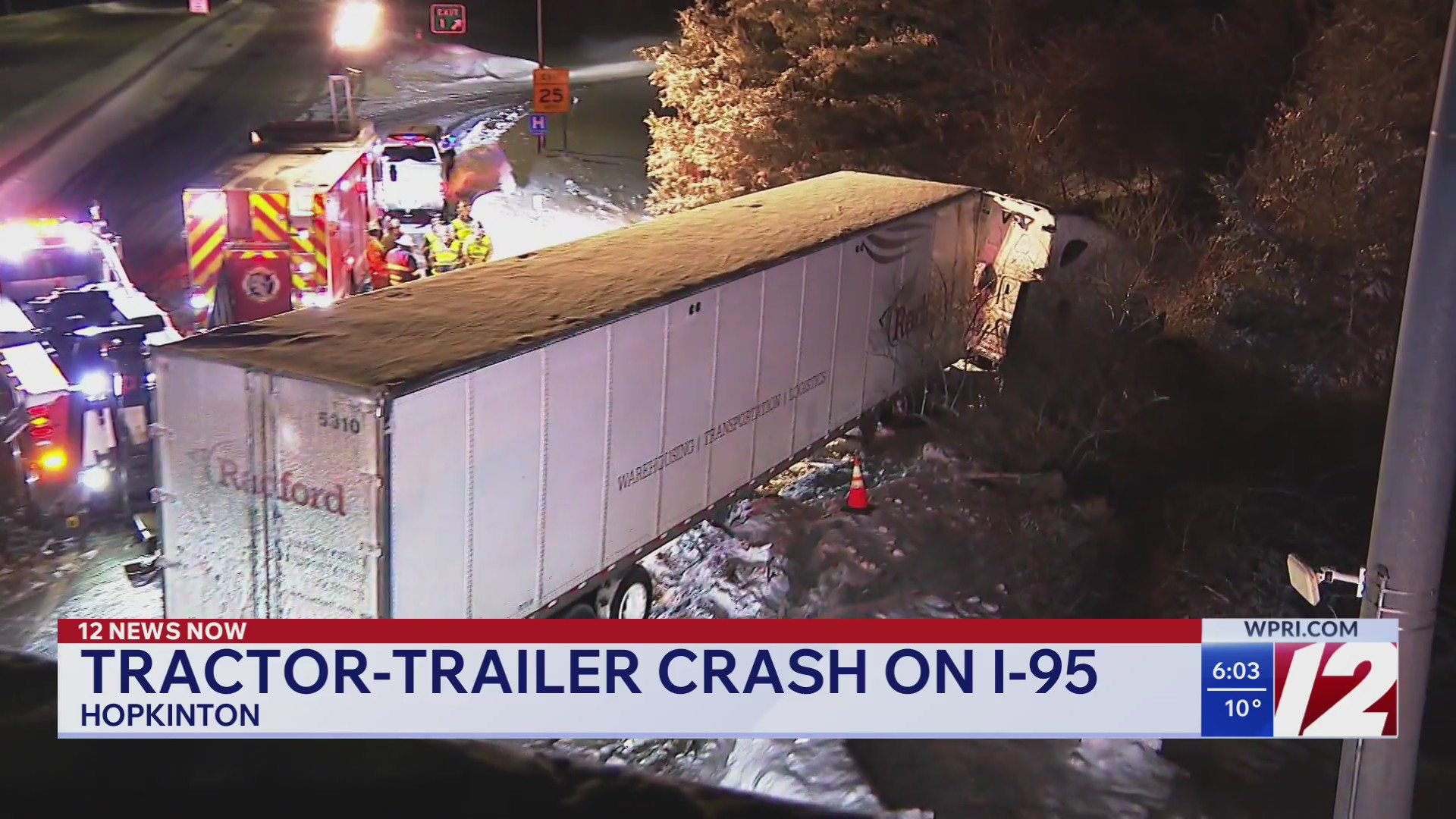 Tractor-trailer jackknifes on I-95 in Hopkinton