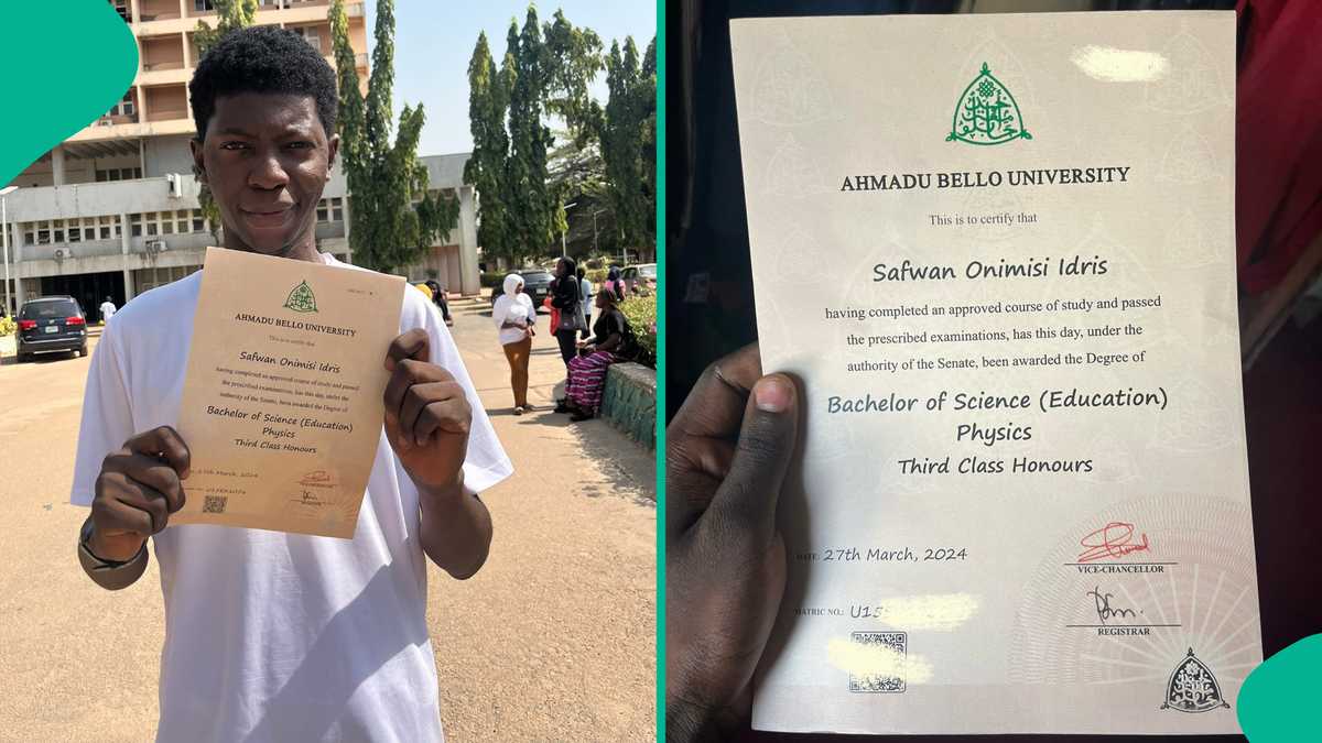 Young man shows off his third-class degree certificate from Ahmadu ...