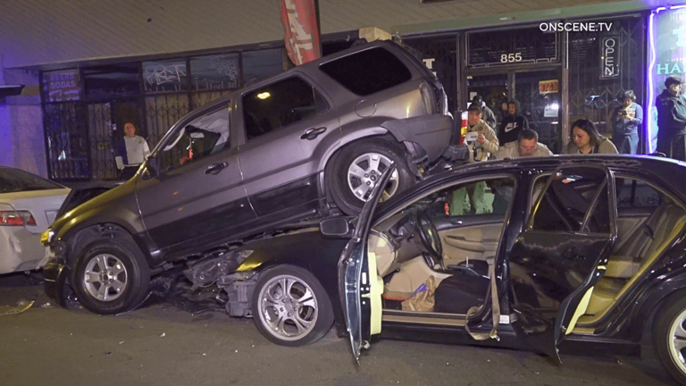 SUV lands on car’s windshield in Anaheim crash caught on video