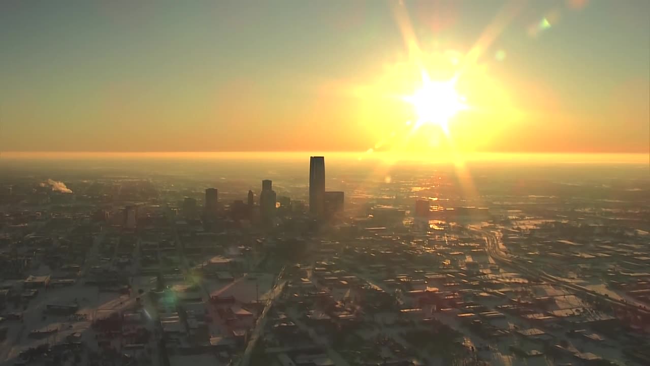 Watch: Sky 5 captures gorgeous sunrise over snow-covered Oklahoma City