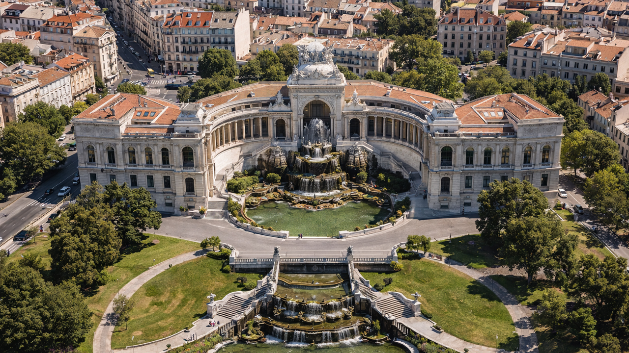 Palais Longchamp architecture and park aerial view