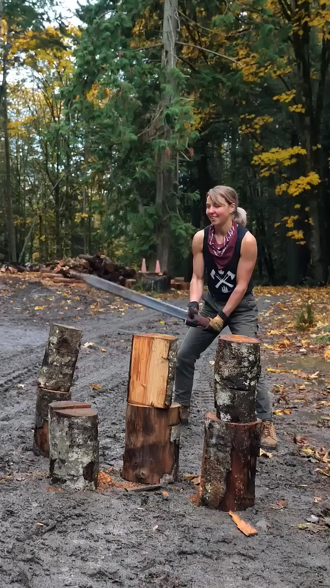 Traditional wood splitting in rural countryside with Viking wood splitter