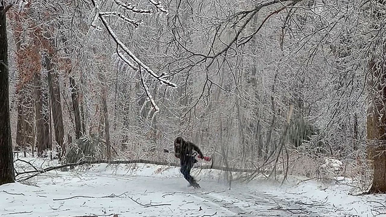 Stubborn husband clearing branches during Winter Storm Fern almost crushed