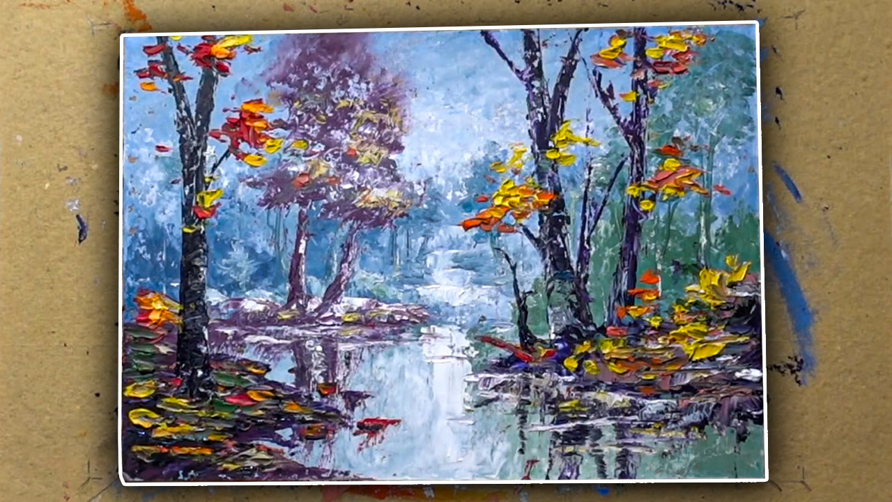 Easy autumn forest painting idea with realistic trees and depth