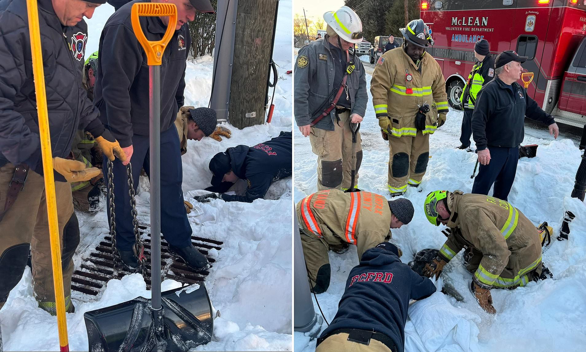 Little boy falls down deep drain while digging hole in snow