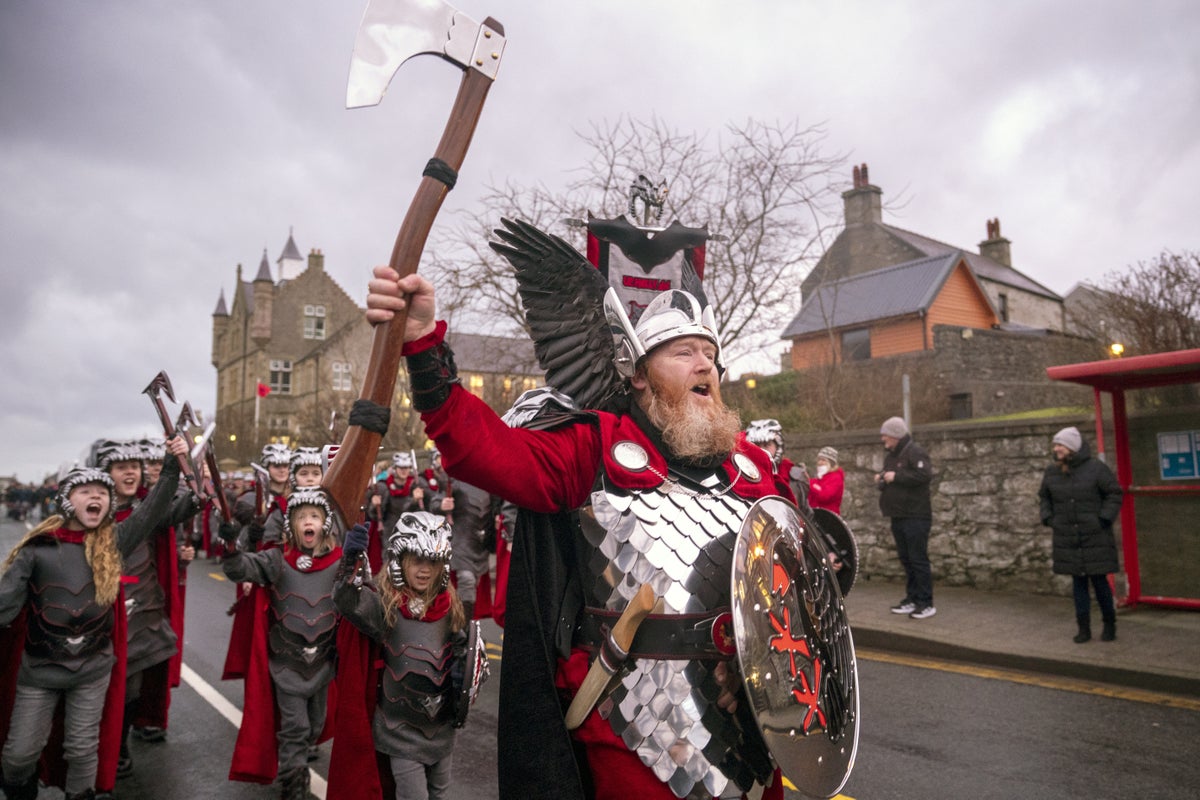 Watch Vikings march across UK island for historic festival