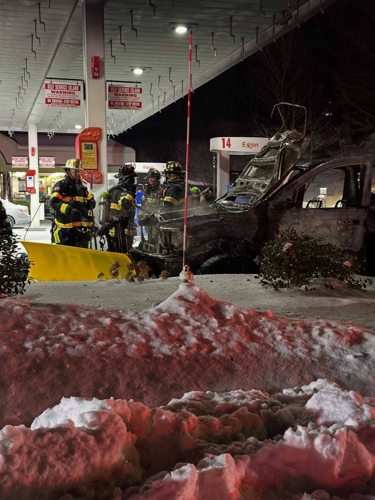 Snow-buried hydrants complicate plow truck fire at Westchester gas station