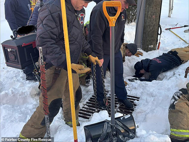 Little boy falls down deep drain while digging hole in snow