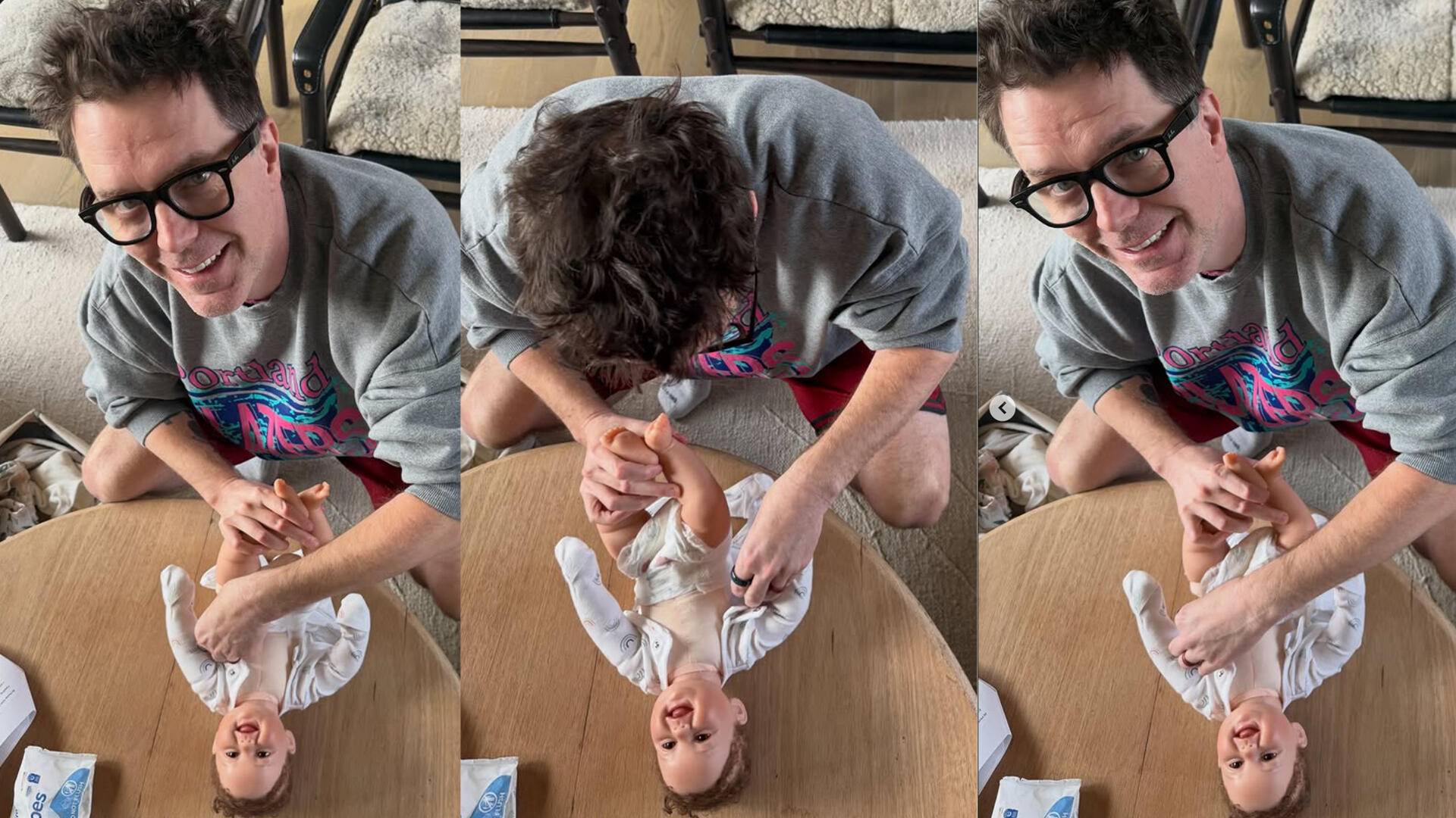 Bobby practices diaper changes ahead of baby’s arrival