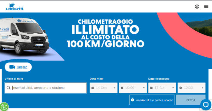 Con Locauto noleggio illimitato per furgoni al costo di 100 km al giorno
