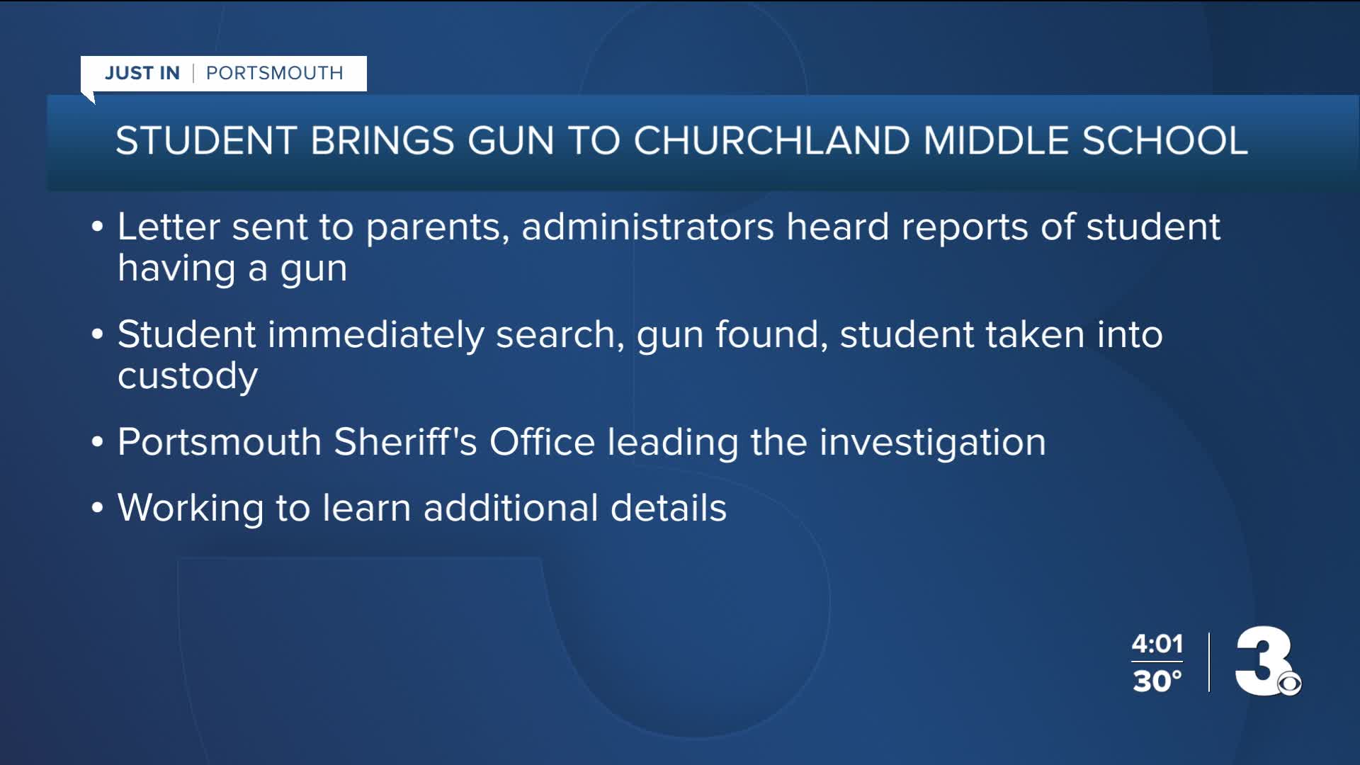 Student facing charges after bringing gun to Churchland Middle