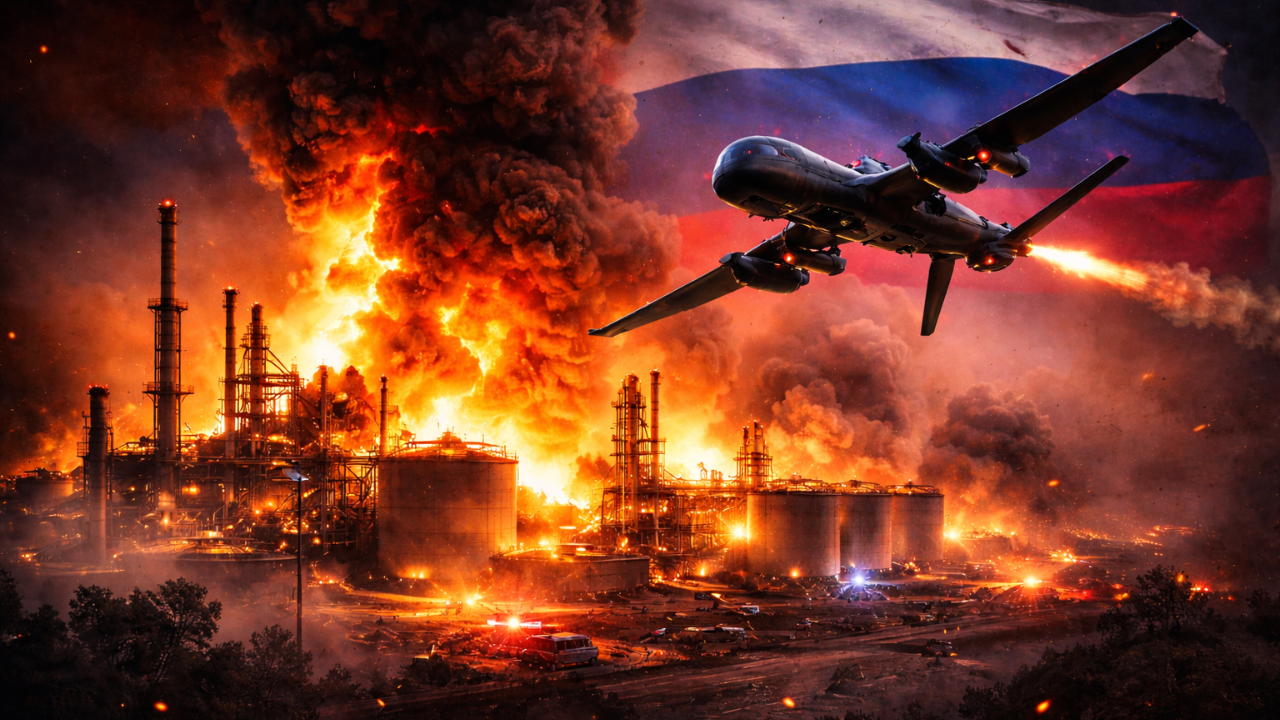 Drone strikes set Russian oil refinery ablaze in massive overnight assault