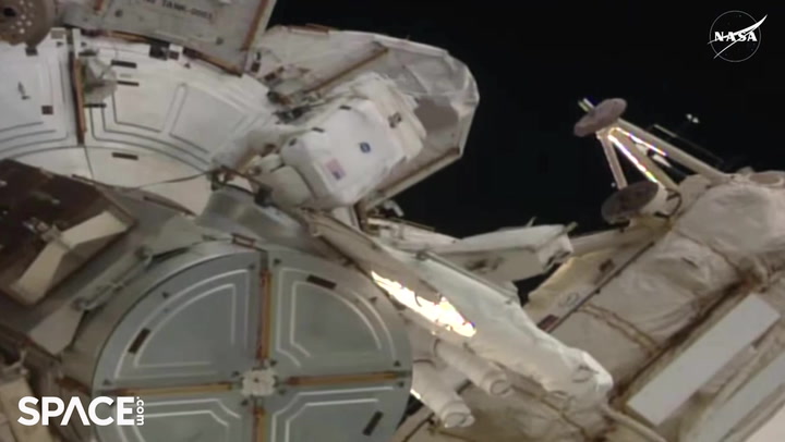 Time-lapse of NASA astronauts exiting ISS airlock during spacewalk