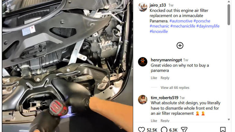 Changing a Porsche Panamera's engine air filter practically requires ...