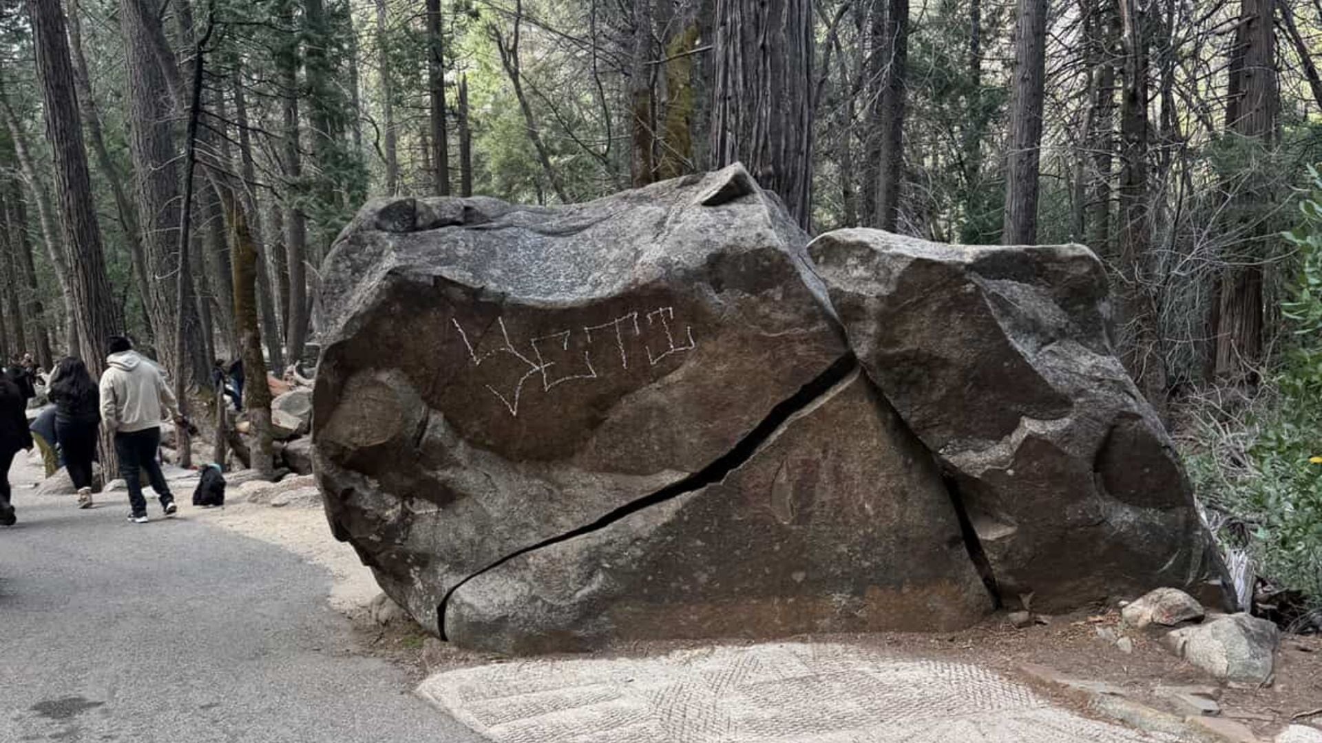 Vandals just defaced Yosemite. They scrawled this tag on rocks and signs.
