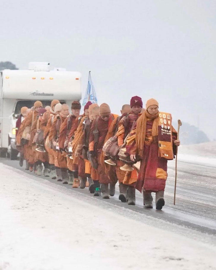 Buddhist monks surpass halfway mark of 'Peace Walk,' despite snow and ...