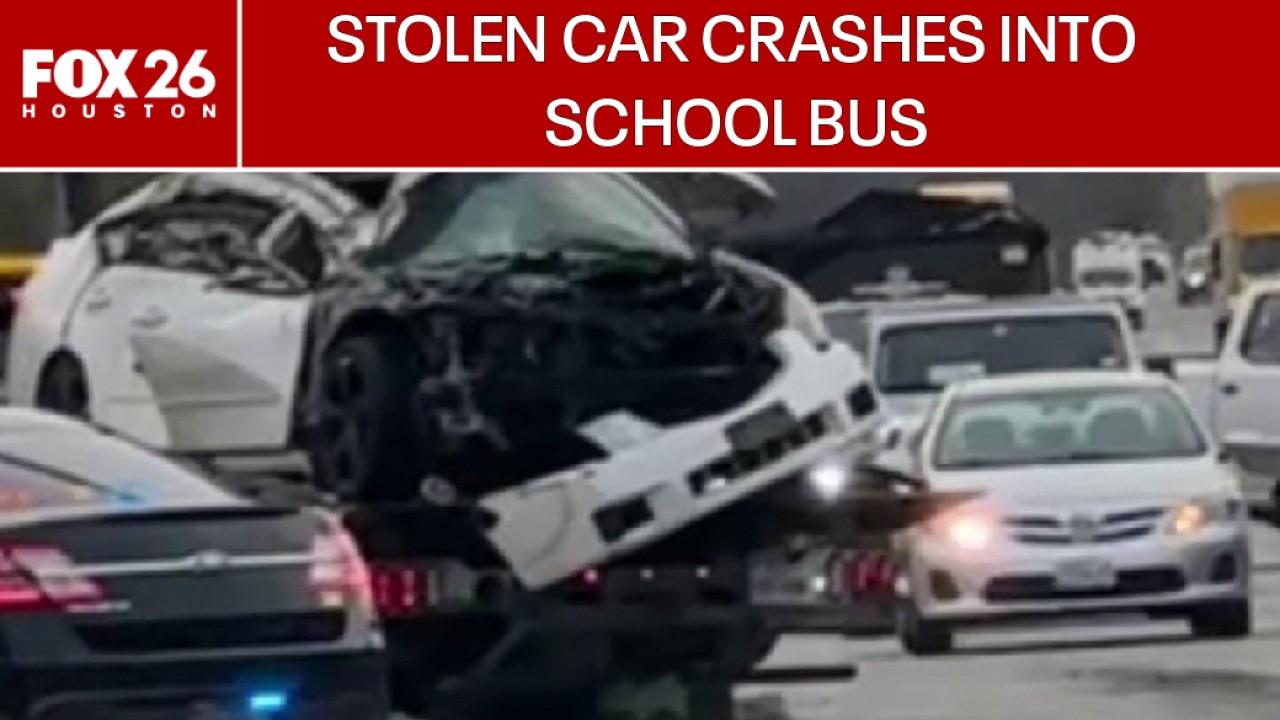 Stolen car crashes into school bus