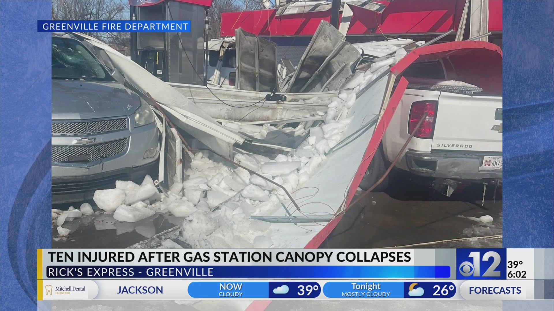 Gas station canopies collapse in Greenville, injuring 11
