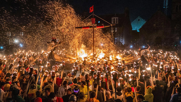 Famous Up Helly Aa festival sets Shetland's skies ablaze