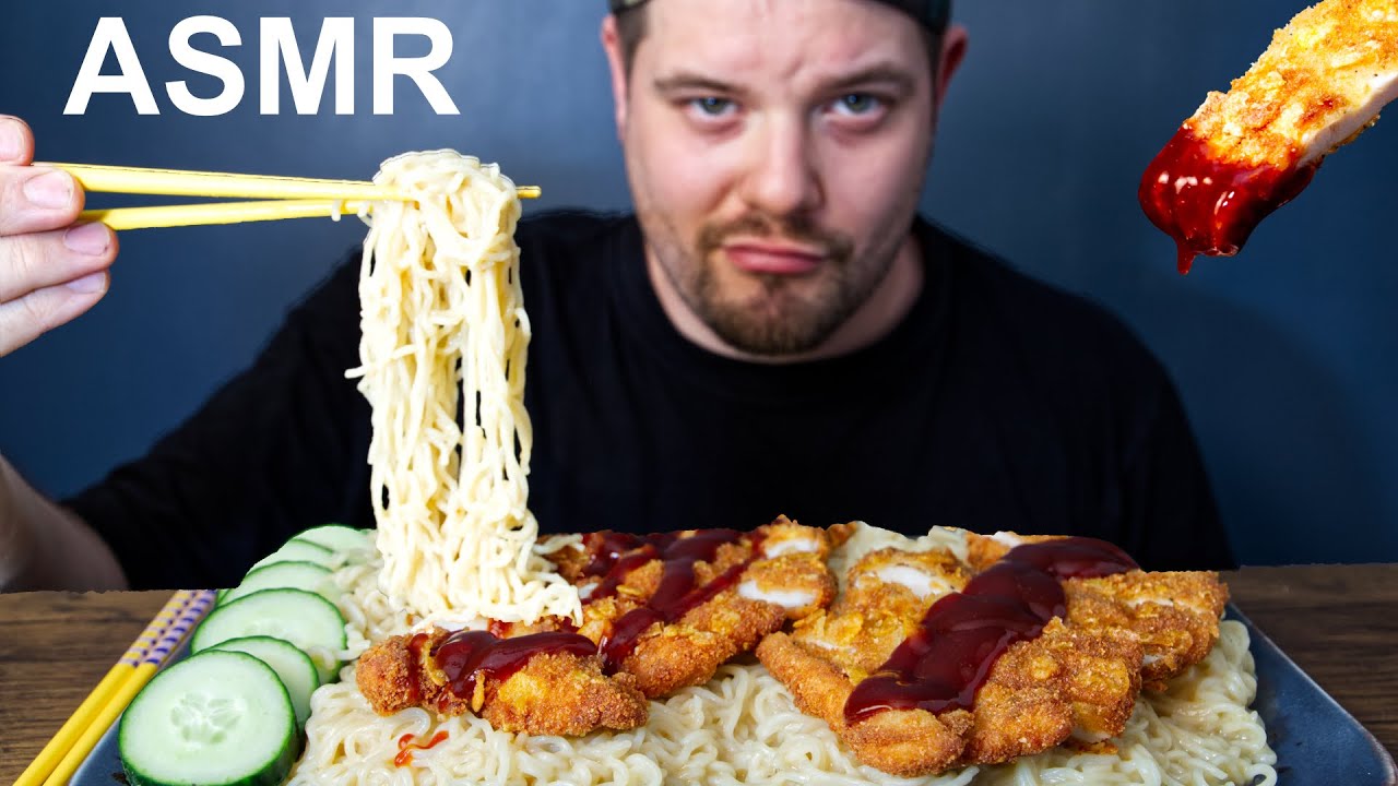 ASMR mukbang: Crispy chicken katsu with cheesy Nissin Demae ramen