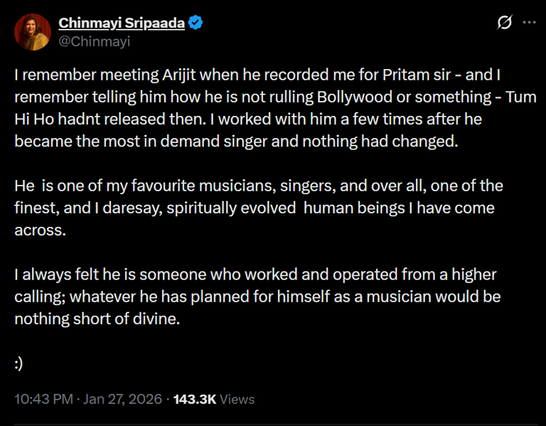 Singer Chinmayi on Arijit's playback exit: He always operated from ...