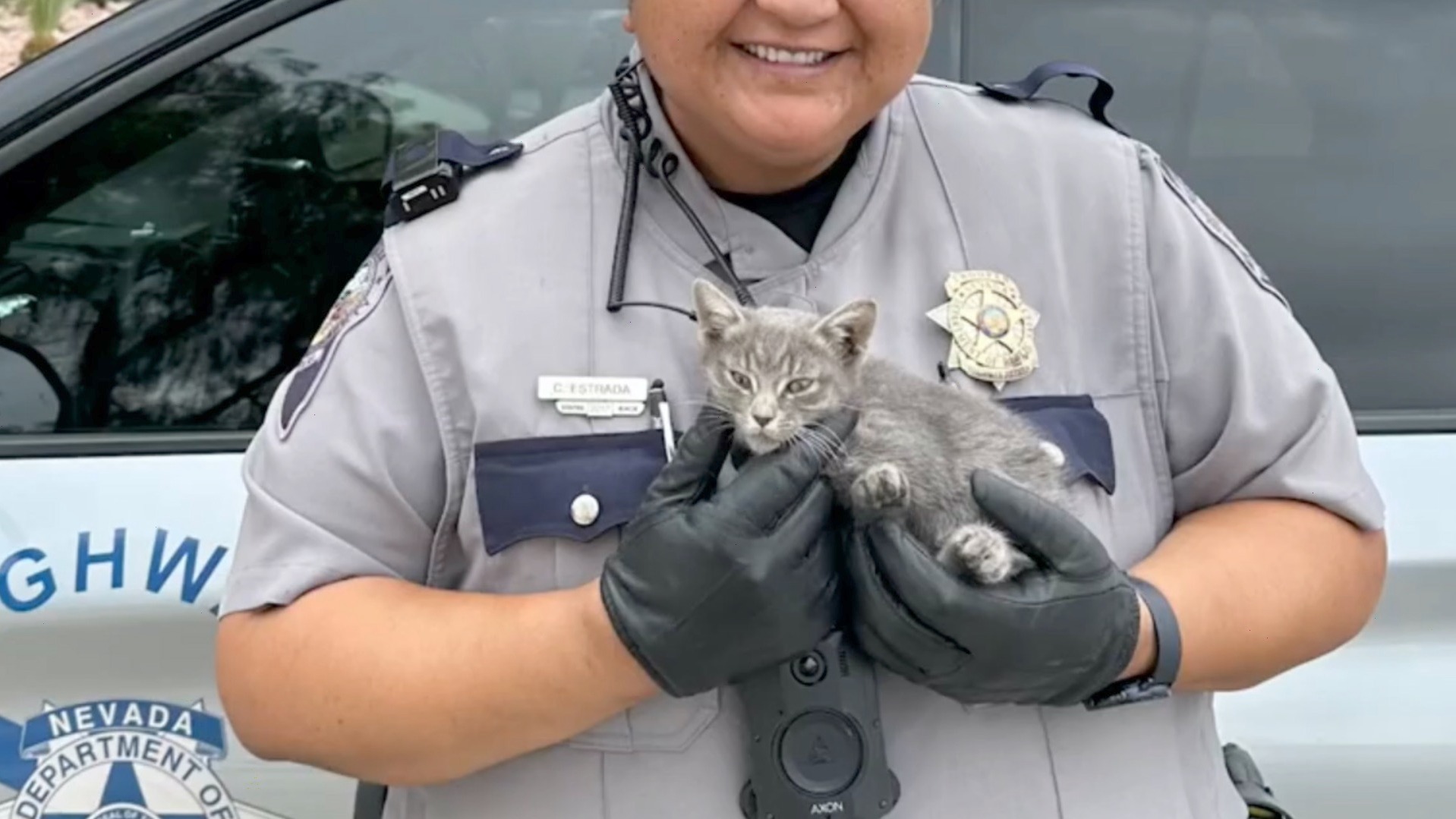 A Nevada state trooper stepped in to rescue a stranded kitten