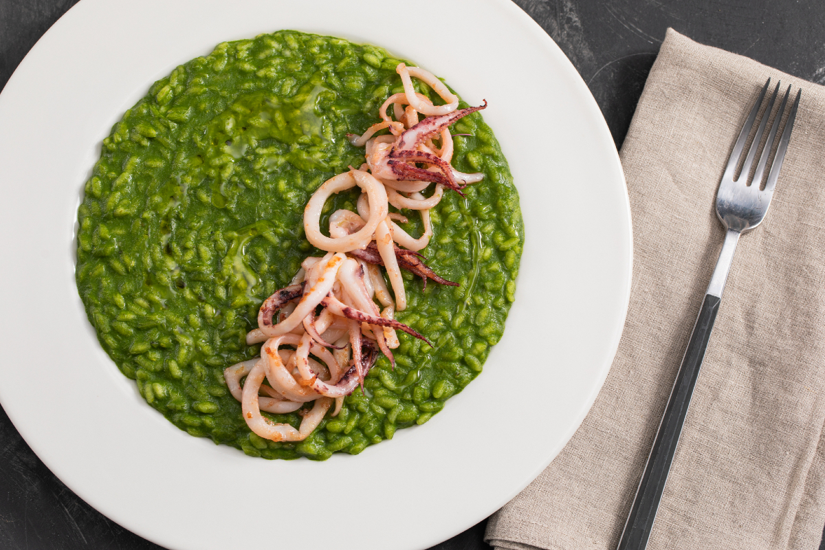 Borage risotto with squid
