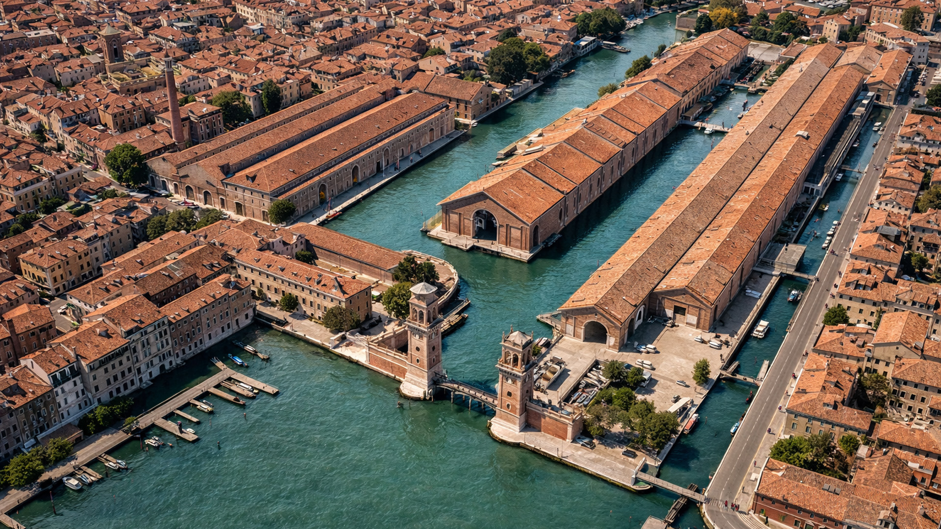Historic waterfront structures seen from the sky