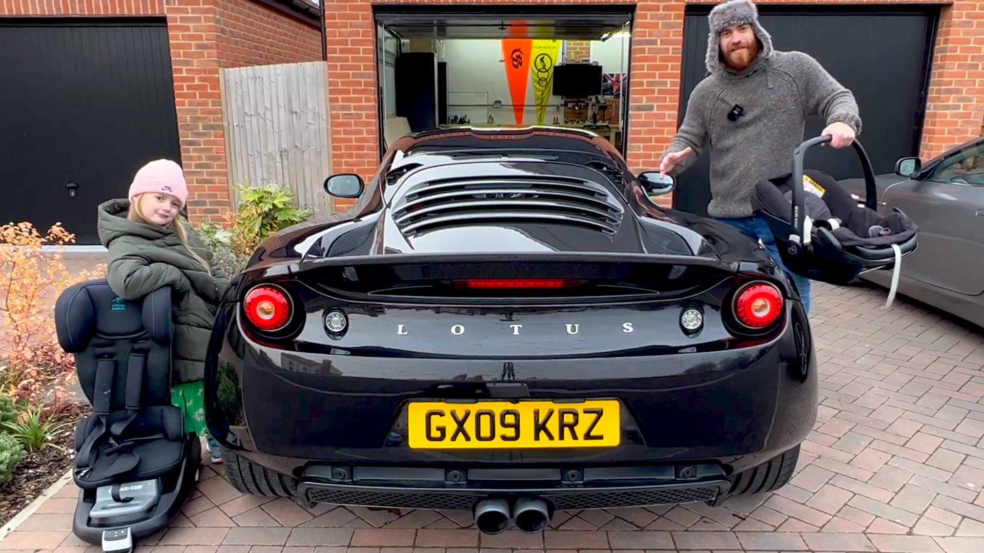 Testing rear seats for children in a sporty Lotus