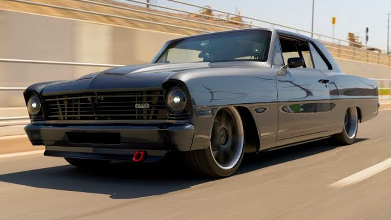 Classic Chevy roars with powerful exhaust and burnout