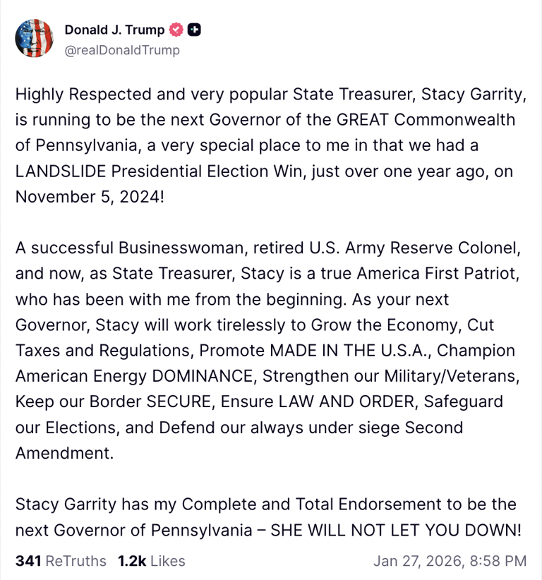 State treasurer Stacy Garrity endorsed by Trump for Pa. governor