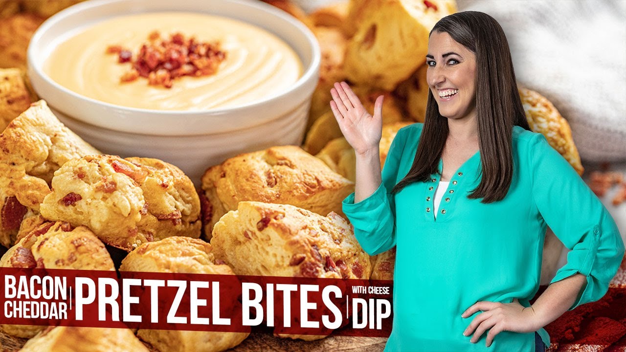 Homemade bacon-cheddar pretzel bites with cheese sauce
