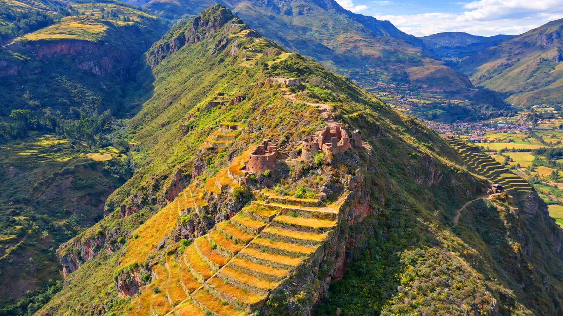 Historic Pisac ruins overlooking the Sacred Valley of Peru