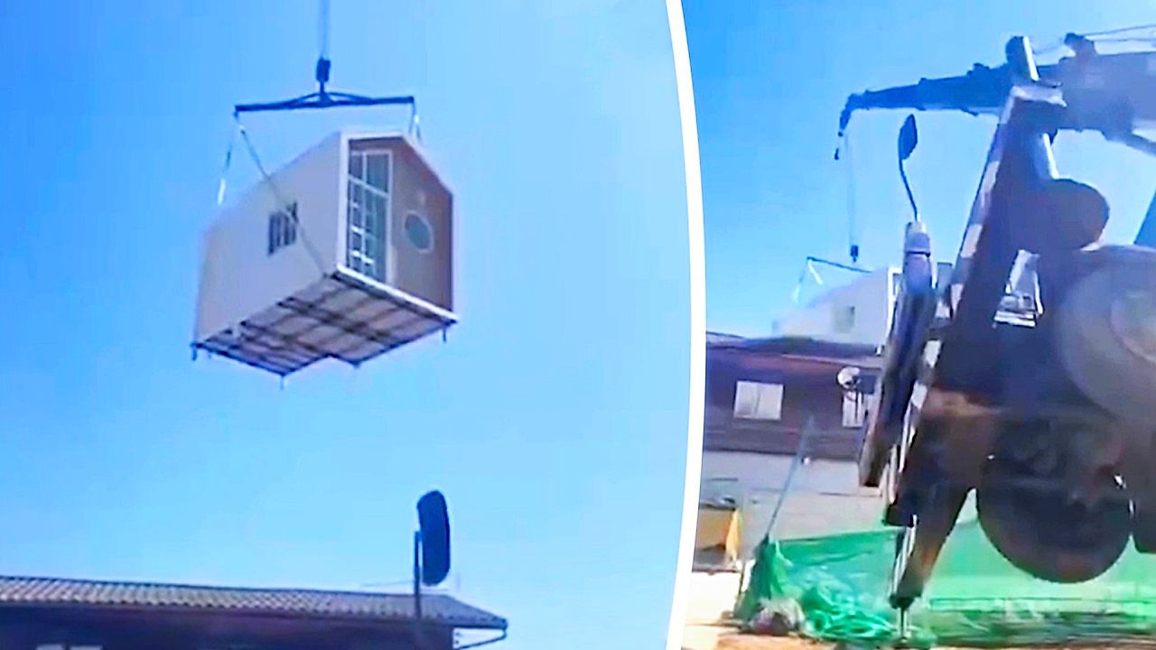 Kraan laat prefab huis door dak van gezinswoning vallen in Thailand