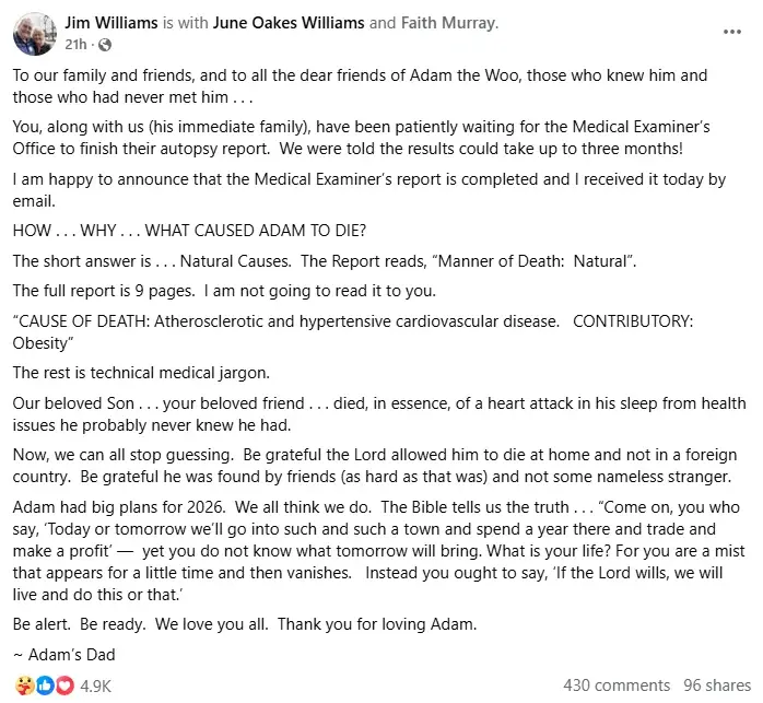 Adam the Woo cause of death revealed one month after YouTuber found dead