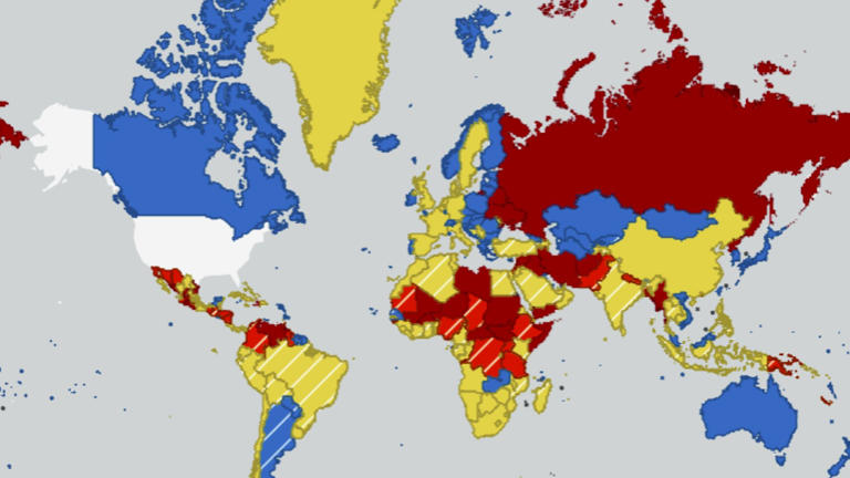 Map shows US travel warnings around world for February 2026