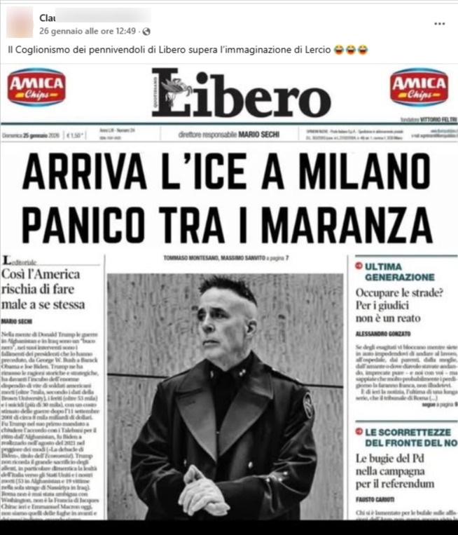 Questa prima pagina di Libero sull’ICE e i maranza a Milano è falsa
